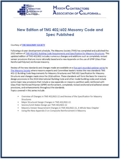 New Edition of TMS 402/602 Masonry Code and Spec | Mason Contractors ...