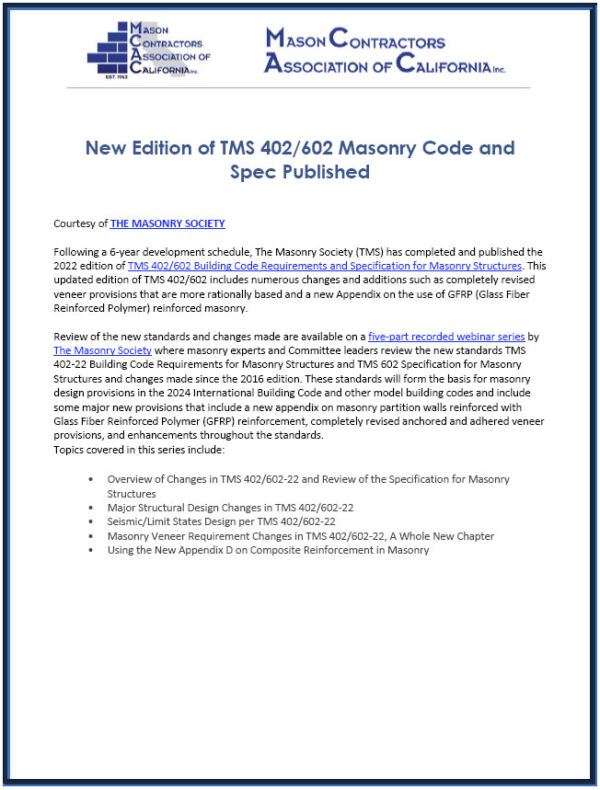 New Edition of TMS 402/602 Masonry Code and Spec | Mason Contractors Association of California